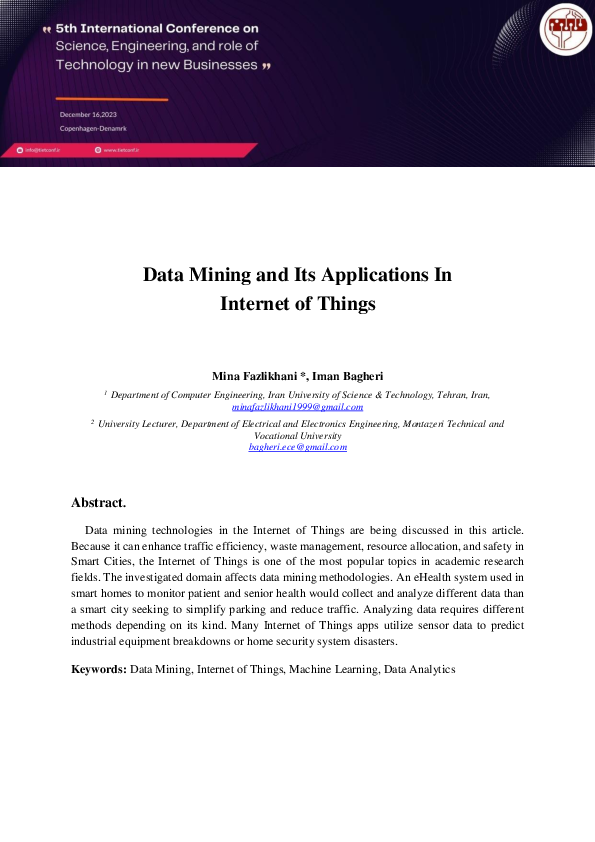(PDF) Data Mining and Its Applications In Internet of Things