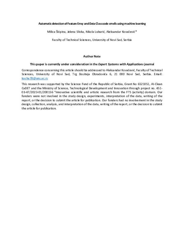 (PDF) Automatic detection of Feature Envy and Data Class code smells ...