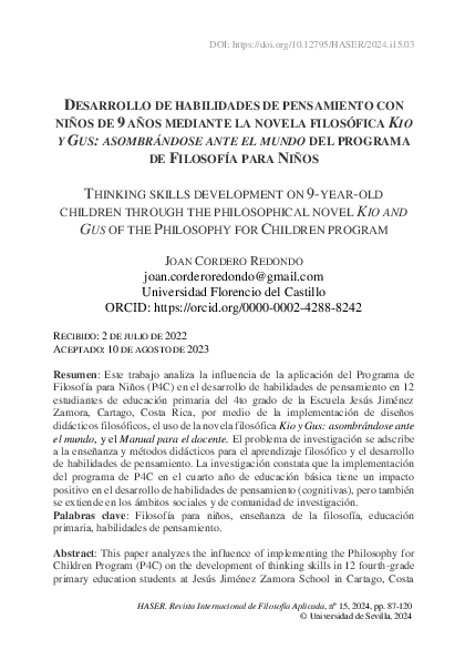 (PDF) Desarrollo de habilidades de pensamiento con niños de 9 años mediante la novela filosófica ...