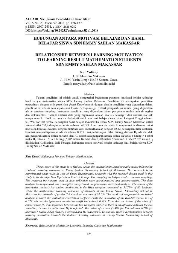 (PDF) Hubungan Antara Motivasi Belajar Dan Hasil Belajar Siswa SDN Emmy Saelan Makassar