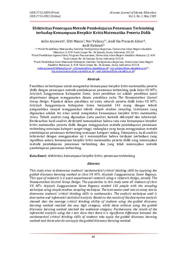 (PDF) Efektivitas Penerapan Metode Pembelajaran Penemuan Terbimbing terhadap Kemampuan Berpikir ...
