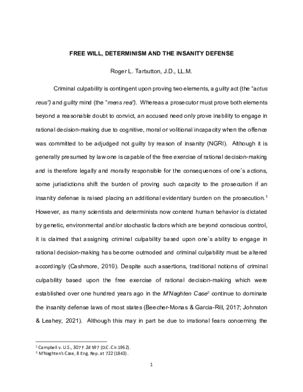 (PDF) Free Will, Determinism and the Insanity Defense