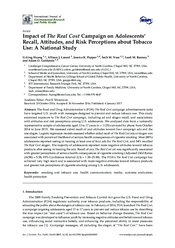 (PDF) Impact of The Real Cost Campaign on Adolescents’ Recall ...