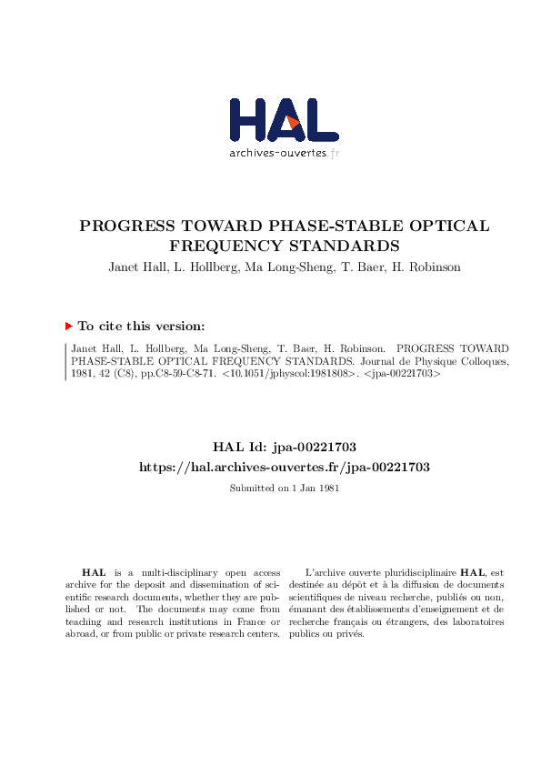 (PDF) Progress Toward Phase-Stable Optical Frequency Standards