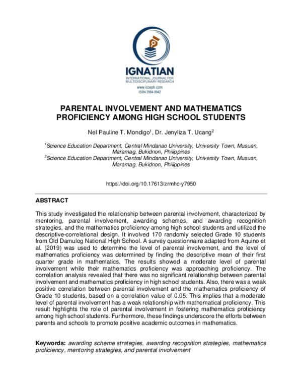 (PDF) PARENTAL INVOLVEMENT AND MATHEMATICS PROFICIENCY AMONG HIGH ...