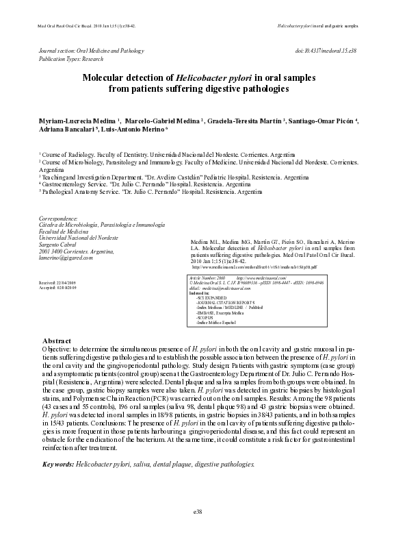 (PDF) Molecular detection of Helicobacter pylori in oral samples from ...