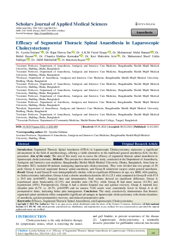 (PDF) Efficacy of Segmental Thoracic Spinal Anaesthesia in Laparoscopic ...