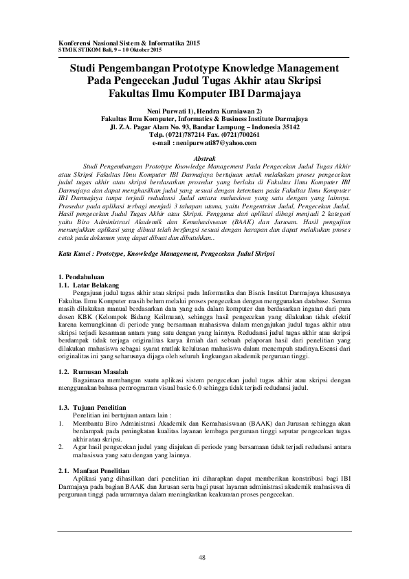 (PDF) Studi Pengembangan Prototype Knowledge Management Pada Pengecekan Judul Tugas Akhir atau ...