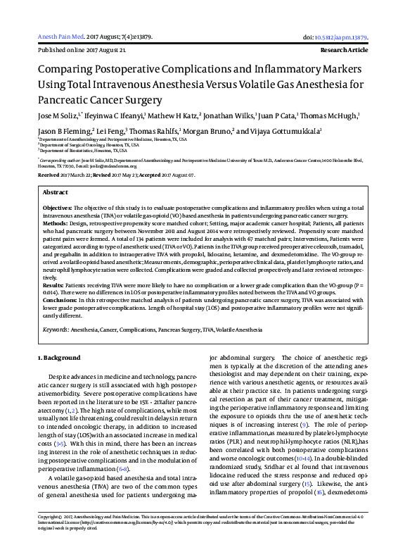 (PDF) Comparing Postoperative Complications and Inflammatory Markers Using Total Intravenous ...