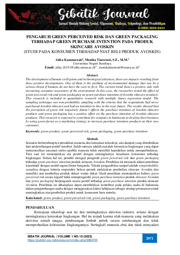 (PDF) Pengaruh Green Perceived Risk Dan Green Packaging Terhadap Green Purchase Intention Pada ...