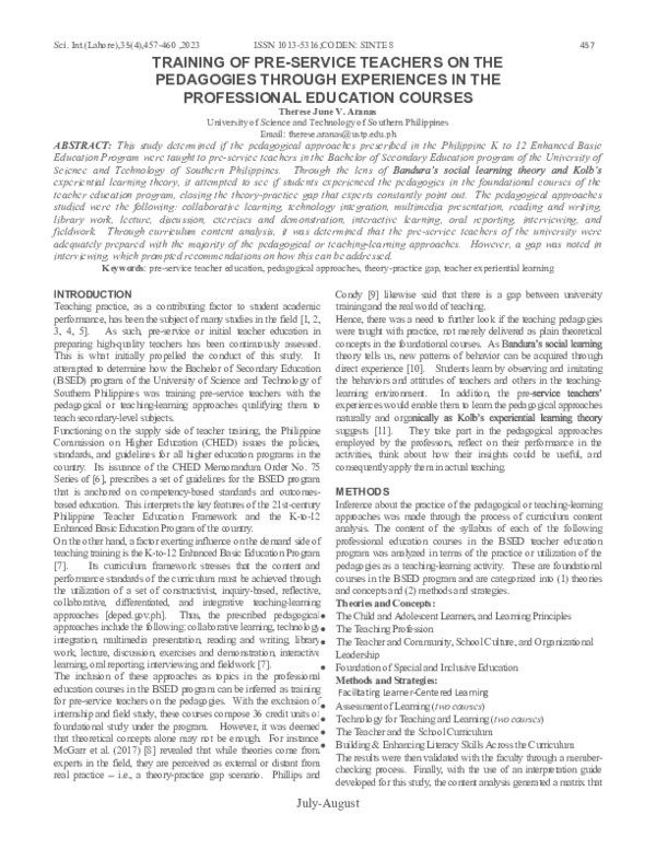 (PDF) TRAINING OF PRE-SERVICE TEACHERS ON THE PEDAGOGIES THROUGH ...