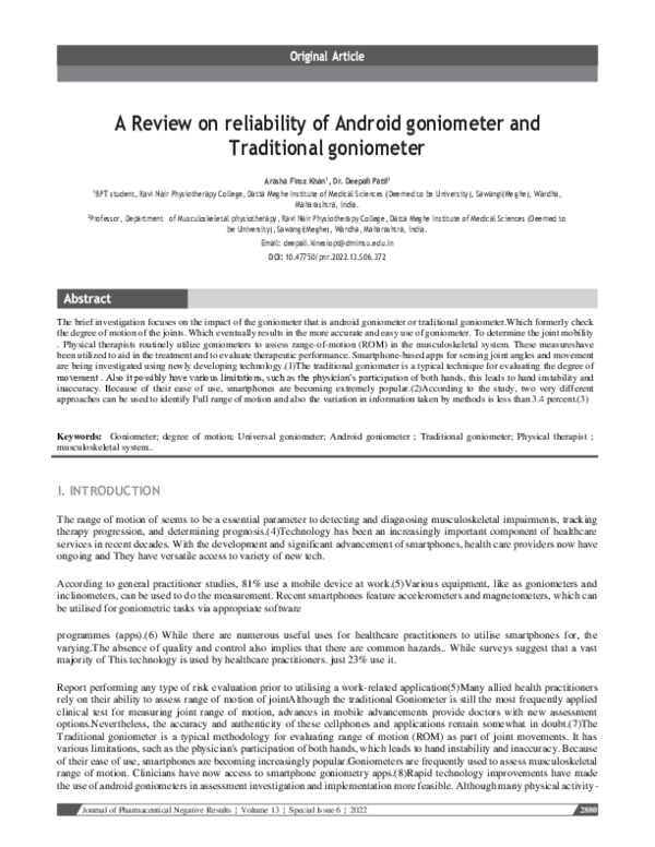 (PDF) A Review on reliability of Android goniometer and Traditional goniometer