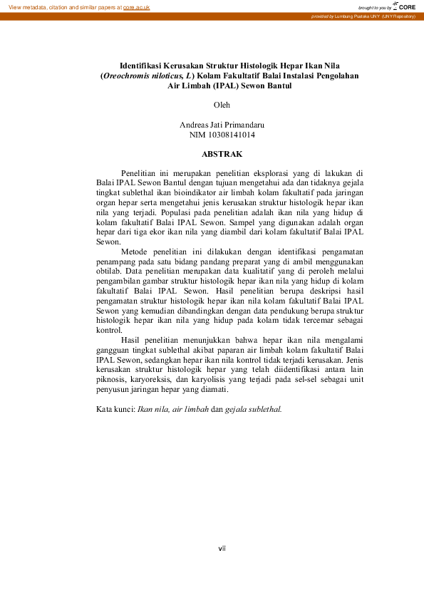 (PDF) Identifikasi Kerusakan Struktur Histologik Hepar Ikan Nila (Oreochromis niloticus, L ...