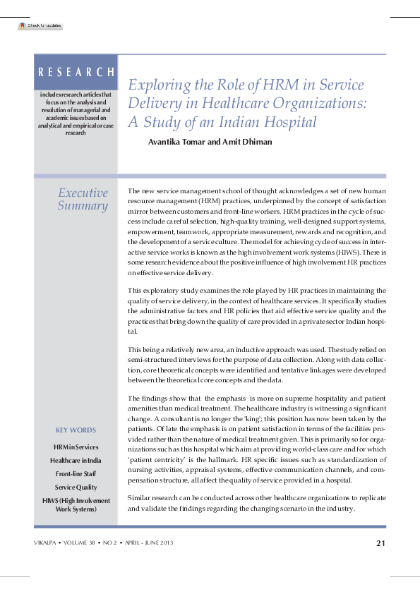 (PDF) Exploring the Role of HRM in Service Delivery in Healthcare ...