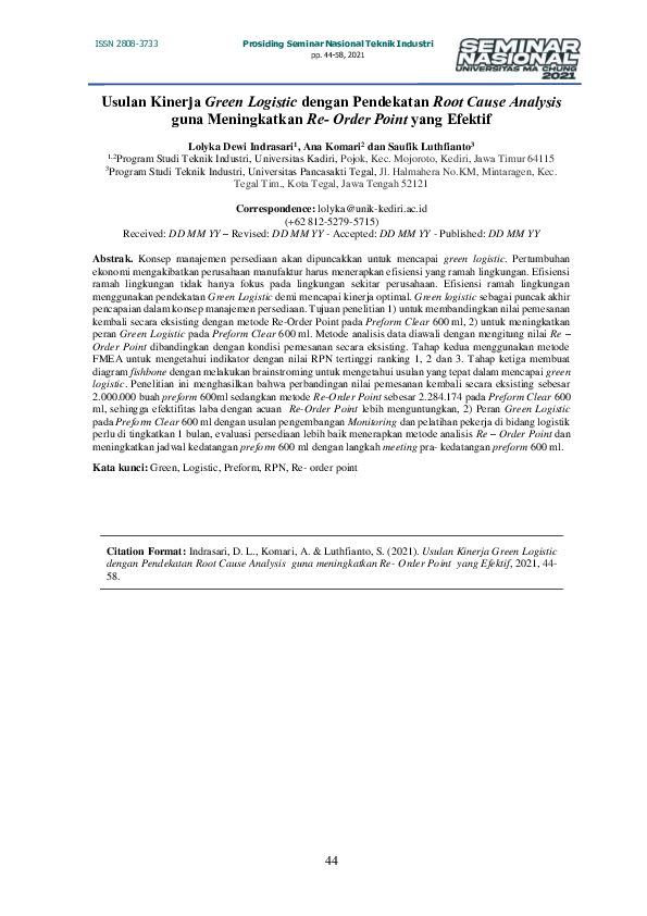 (PDF) Usulan Kinerja Green Logistic dengan Pendekatan Root Cause Analysis guna Meningkatkan Re ...