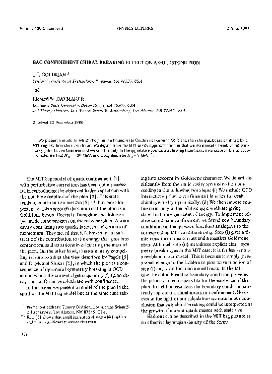 (PDF) Bag confinement chiral breaking effect on a goldstone pion