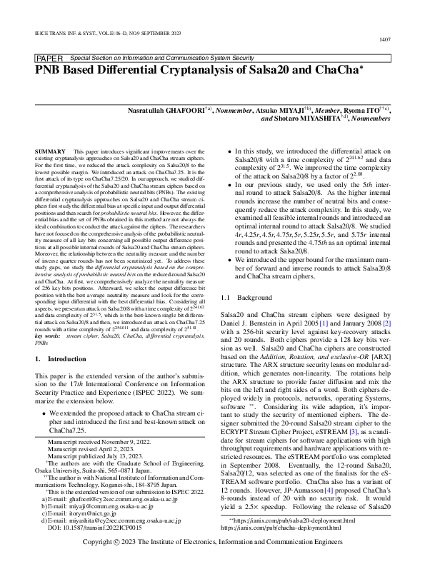(PDF) PNB Based Differential Cryptanalysis of Salsa20 and ChaCha
