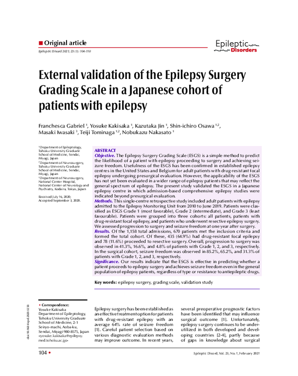 (PDF) External validation of the Epilepsy Surgery Grading Scale in a ...