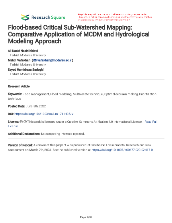 (PDF) Flood-based Critical Sub-Watershed Mapping: Comparative Application of MCDM and ...
