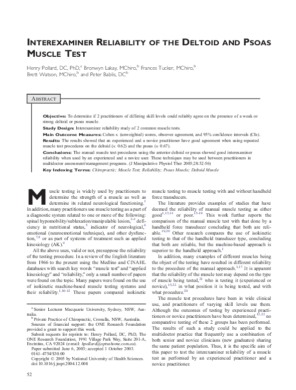 (PDF) Interexaminer Reliability of the Deltoid and Psoas Muscle Test