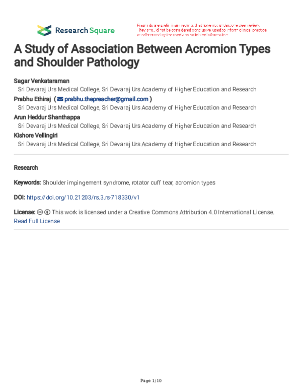 (PDF) A Study of Association Between Acromion Types and Shoulder Pathology