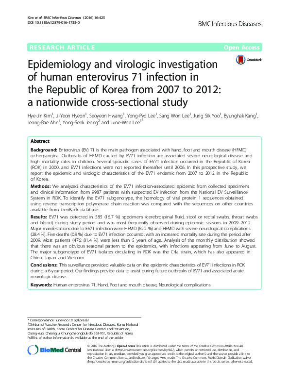 (PDF) Epidemiology and virologic investigation of human enterovirus 71 ...