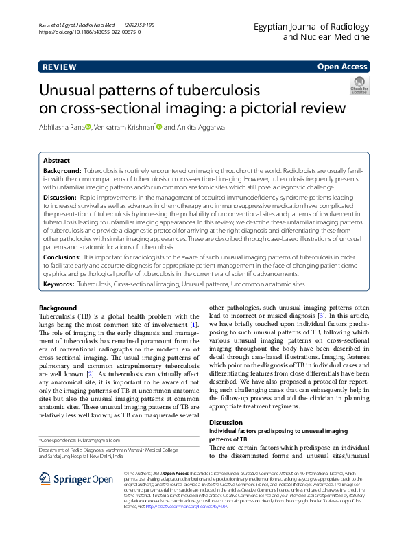 (PDF) Unusual patterns of tuberculosis on cross-sectional imaging: a ...