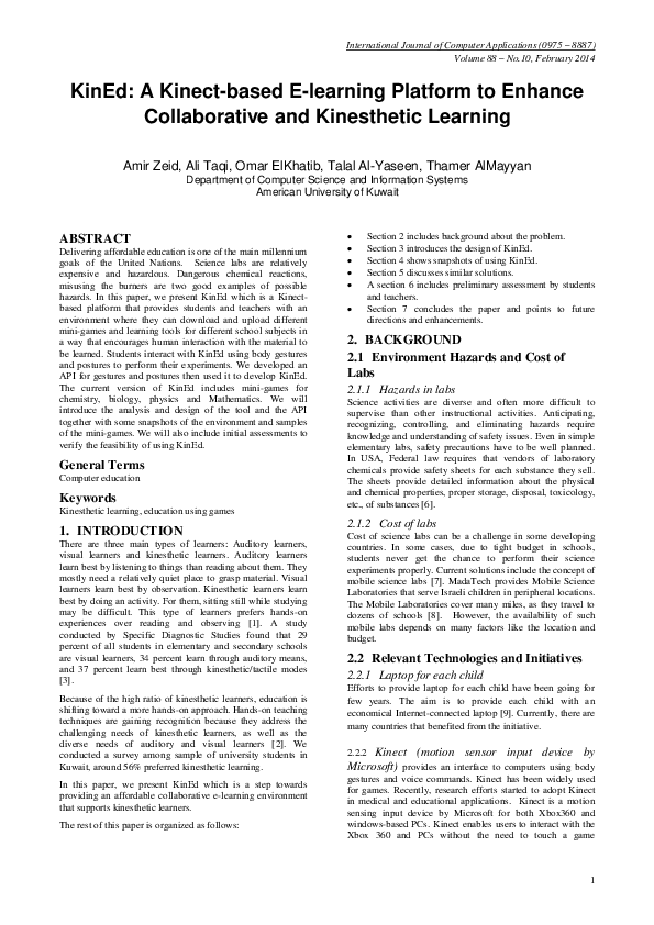 (PDF) KinEd: A Kinect-based E-learning Platform to Enhance Collaborative and Kinesthetic Learning