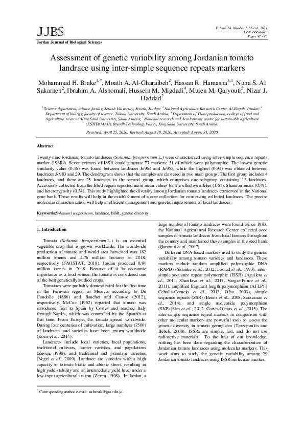 (PDF) Assessment of genetic variability among Jordanian tomato landrace ...