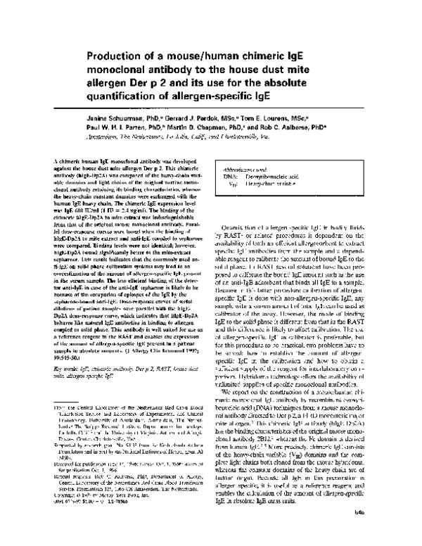 (PDF) Production of a mouse/human chimeric IgE monoclonal antibody to ...