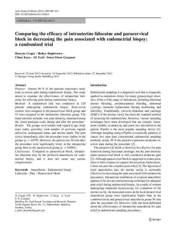 (PDF) Comparing the efficacy of intrauterine lidocaine and paracervical ...