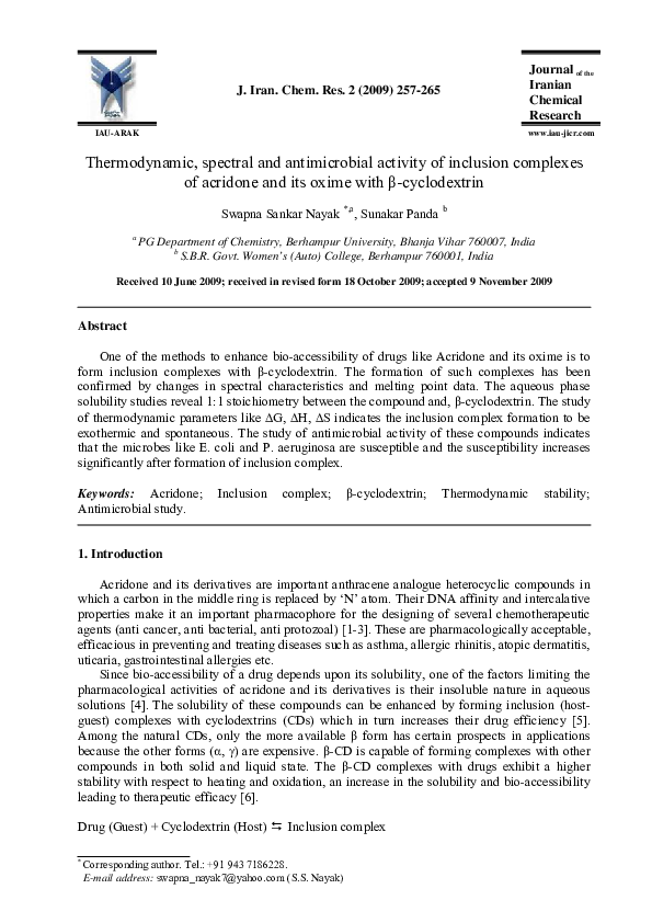 (PDF) Thermodynamic, spectral and antimicrobial activity of inclusion complexes of acridone and ...