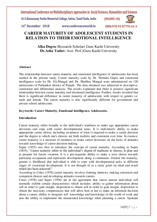(PDF) CAREER MATURITY OF ADOLESCENT STUDENTS IN RELATION TO THEIR ...