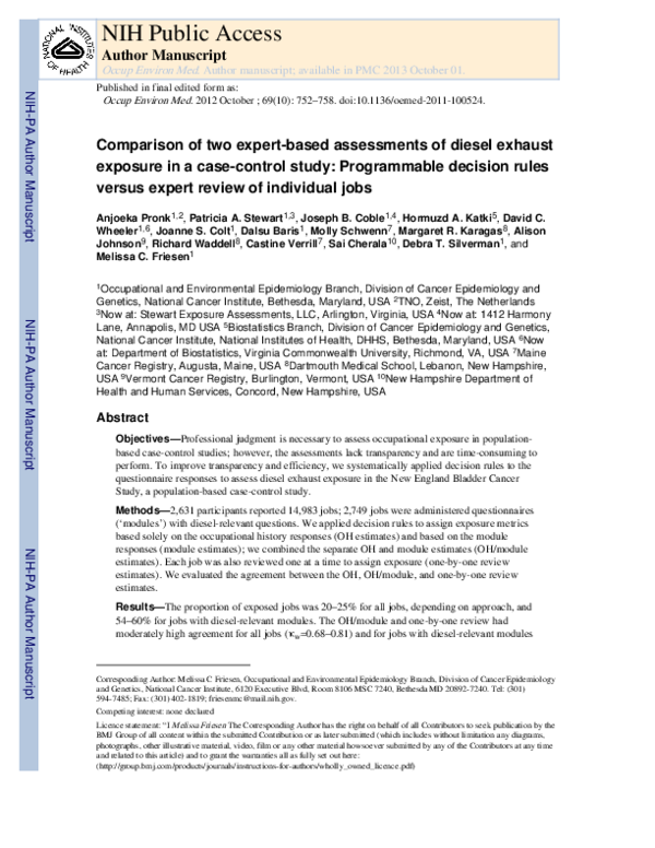 (PDF) Comparison of two expert-based assessments of diesel exhaust ...