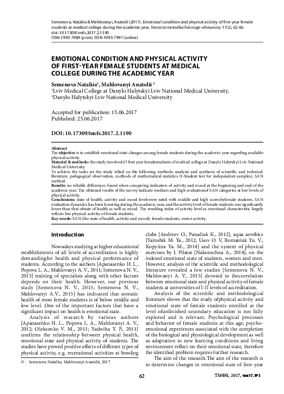 (PDF) Emotional Condition and Physical Activity of First-year Female ...