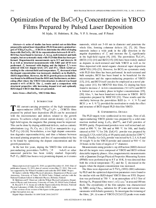 (PDF) Optimization of the ${\rm BaCeO}_{3}$ Concentration in YBCO Films Prepared by Pulsed Laser ...