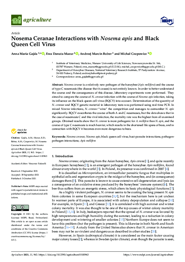 (PDF) Nosema Ceranae Interactions with Nosema apis and Black Queen Cell ...
