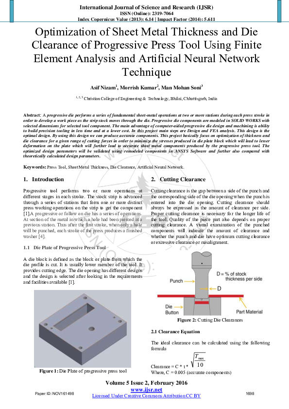 (PDF) Optimization of Sheet Metal Thickness and Die Clearance of Progressive Press Tool Using ...