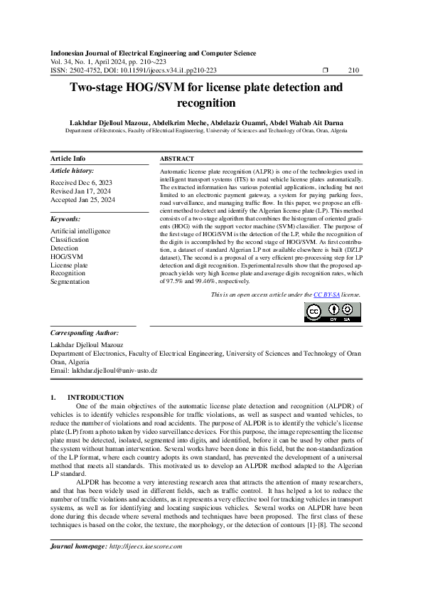 (PDF) Two-stage HOG/SVM for license plate detection and recognition