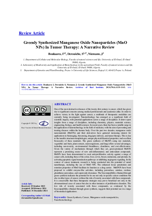 (PDF) Greenly Synthesized Manganese Oxide Nanoparticles (MnO NPs) In ...