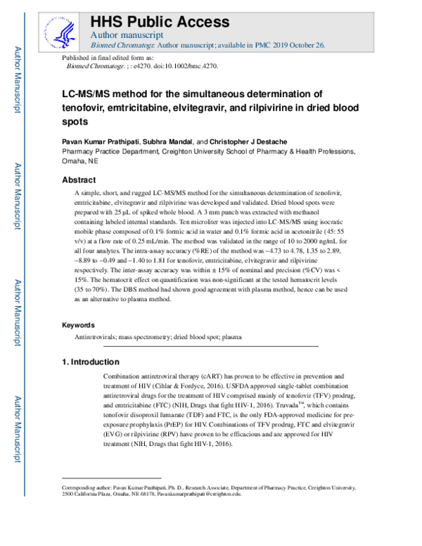 (PDF) LC-MS/MS method for the simultaneous determination of tenofovir, emtricitabine ...