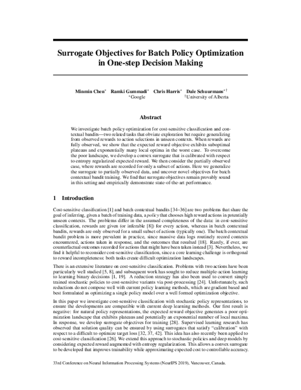 (PDF) Surrogate Objectives for Batch Policy Optimization in One-step Decision Making