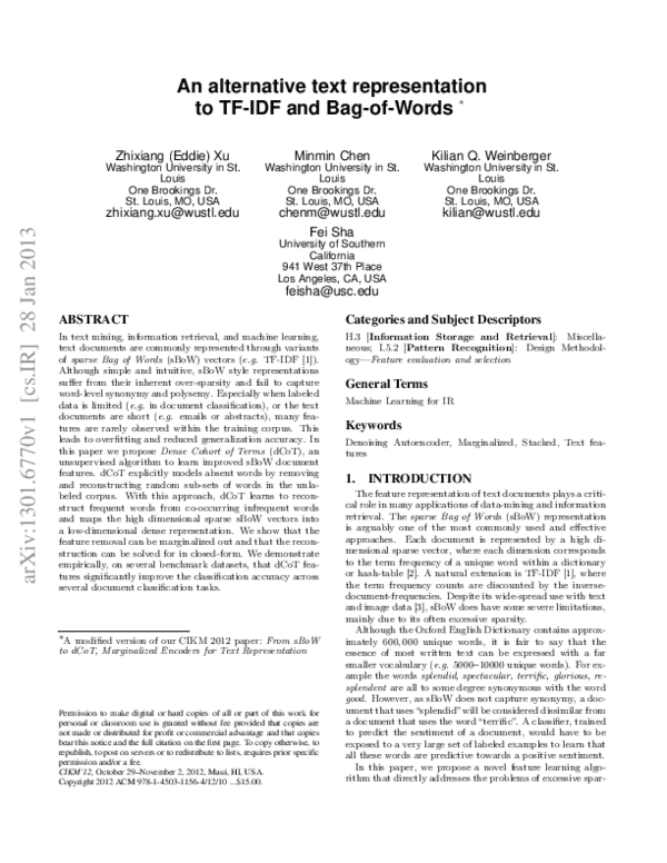 (PDF) An alternative text representation to TF-IDF and Bag-of-Words