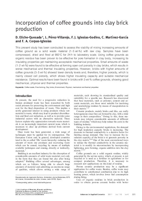 (PDF) Incorporation of coffee grounds into clay brick production
