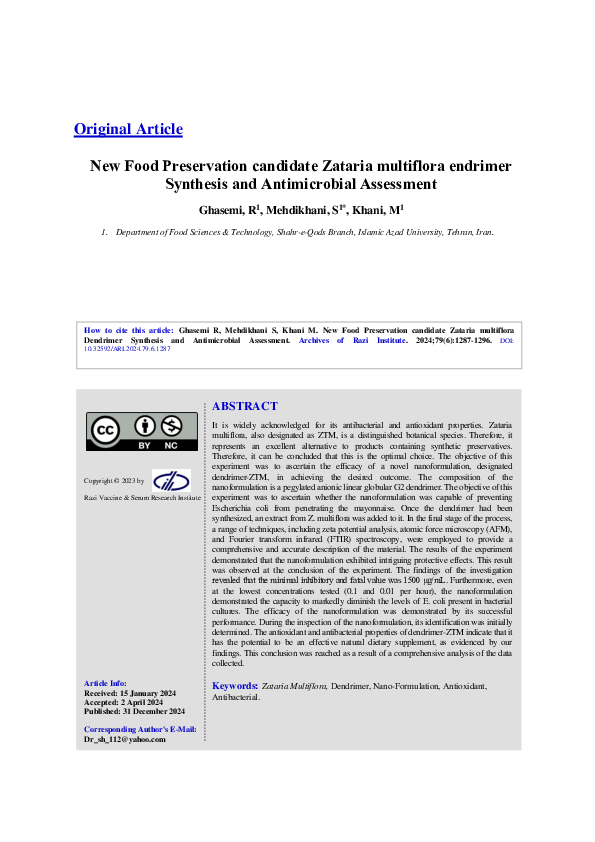 (PDF) New Food Preservation candidate Zataria multiflora endrimer ...