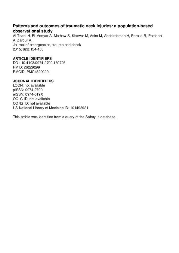 (PDF) Patterns and outcomes of traumatic neck injuries: A population ...