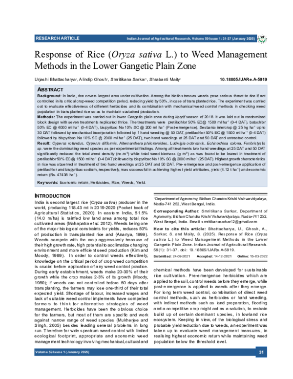 (PDF) Response of Rice (Oryza sativa L.) to Weed Management Methods in ...