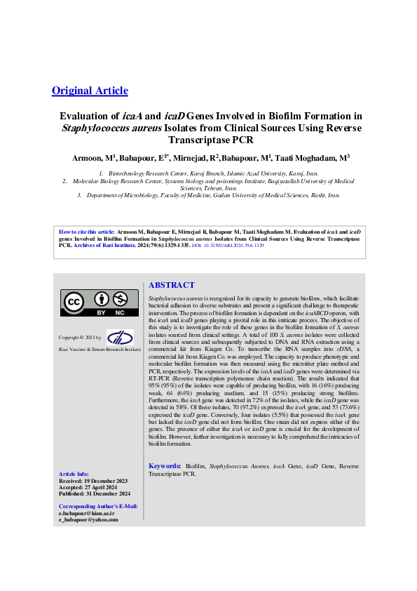 (PDF) Evaluation of icaA and icaD Genes Involved in Biofilm Formation in Staphylococcus aureus ...