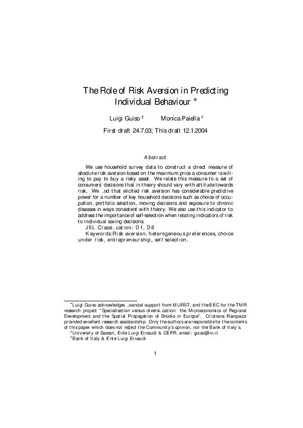 (PDF) The Role of Risk Aversion in Predicting Individual Behaviors