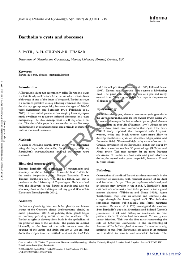 (PDF) RETRACTED: Bartholin's cysts and abscesses